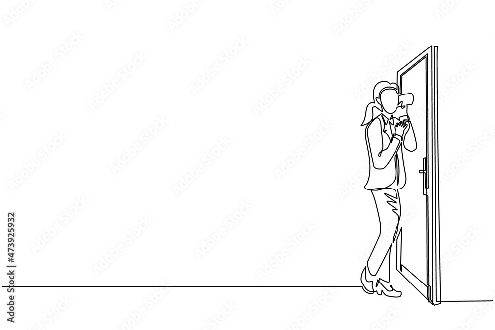 Poster Single continuous line drawing young woman eavesdropping at door ...