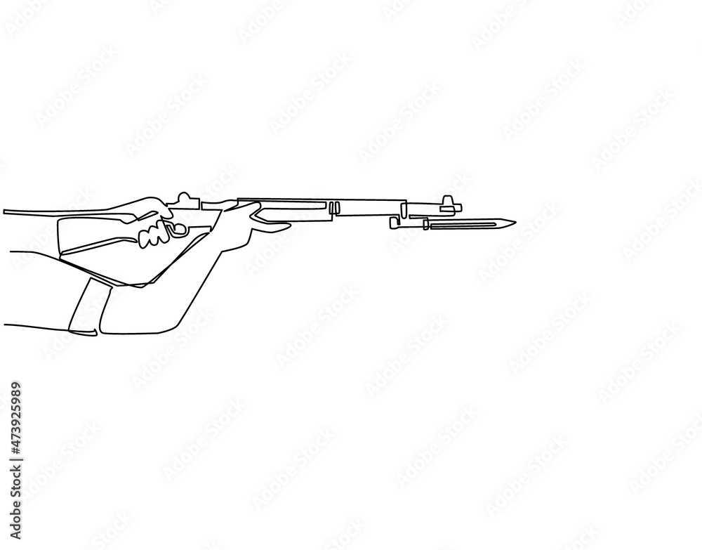 Continuous one line drawing hand holding M1 garand semi-automatic rifle ...