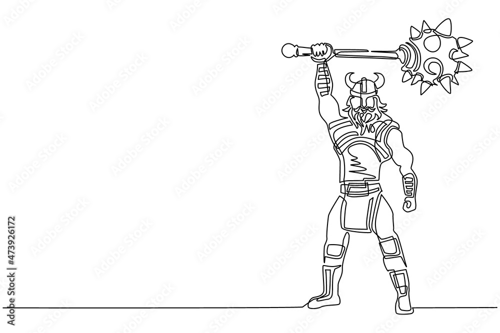 Single continuous line drawing nordic man holding mace up in the air ...