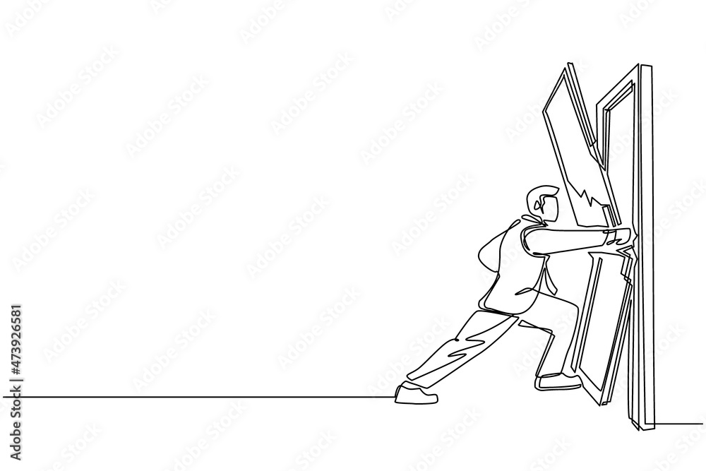 Continuous one line drawing businessman punching and destroying door ...