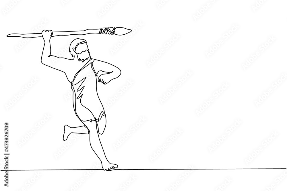Single continuous line drawing primitive person hunts animal. Stone age ...