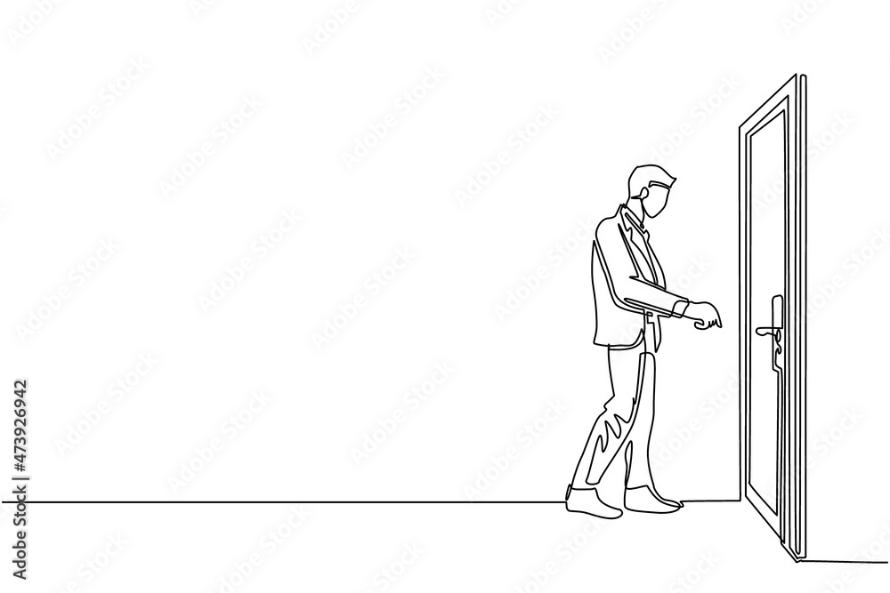 Continuous one line drawing businessman inserts the key into the ...