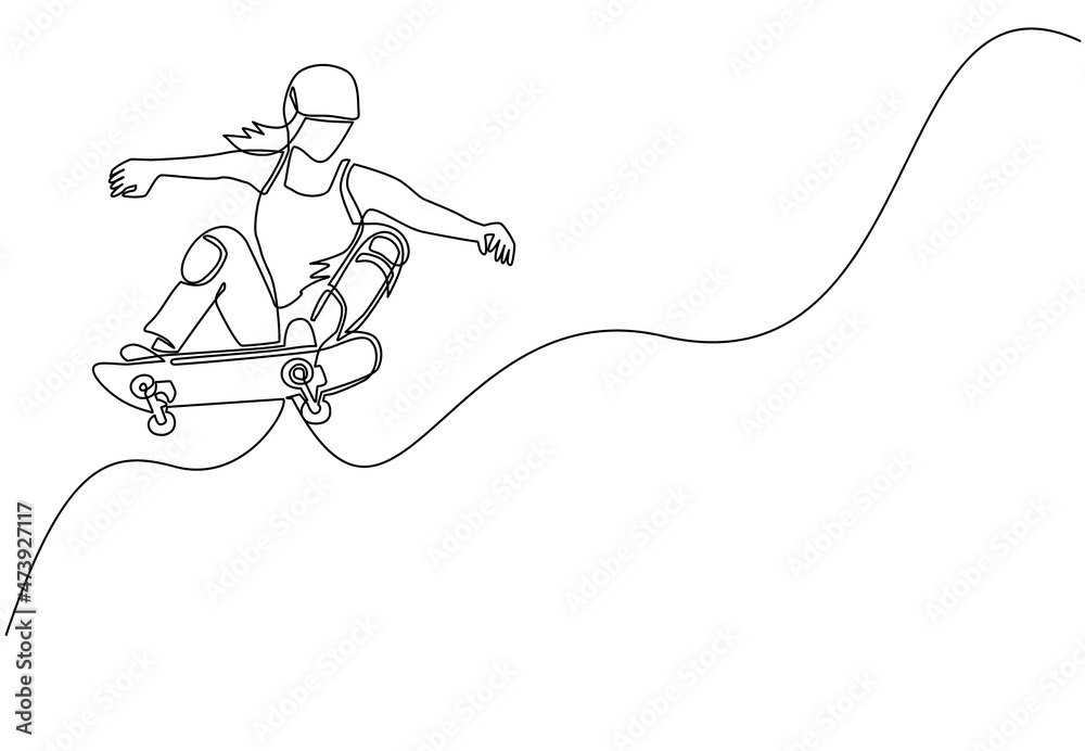 Single continuous line drawing young cool skateboarder woman riding ...