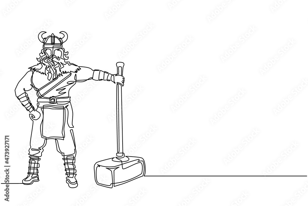 Single continuous line drawing male viking with strong physique and ...
