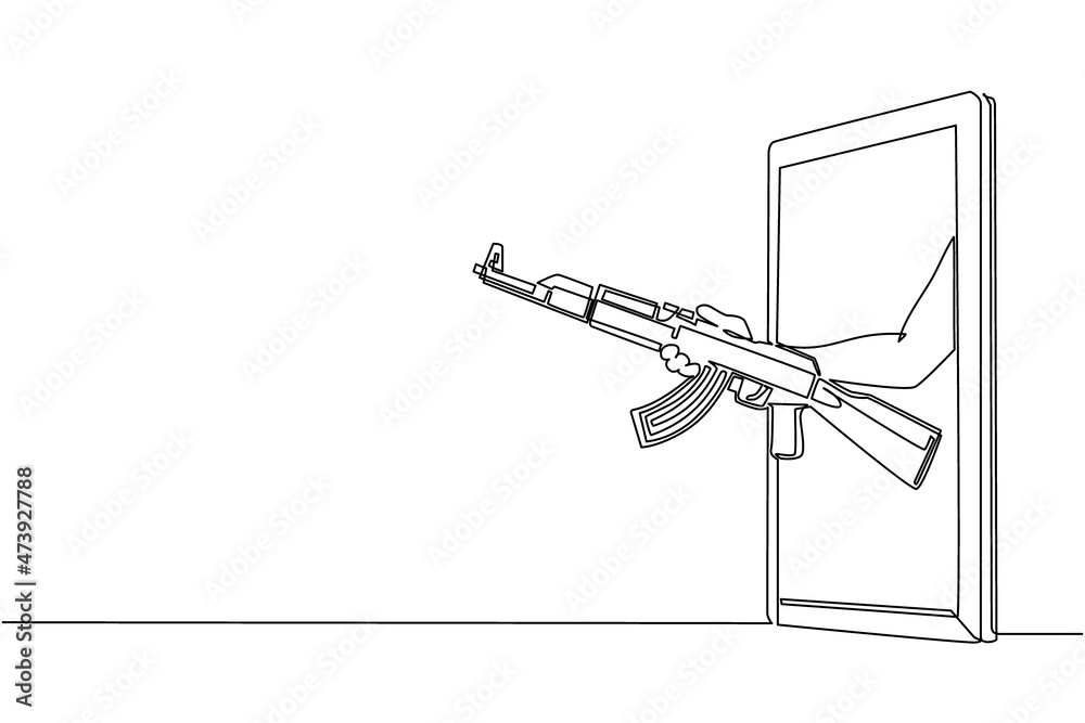 Single one line drawing hand holding AK 47 kalashnikov assault rifle ...