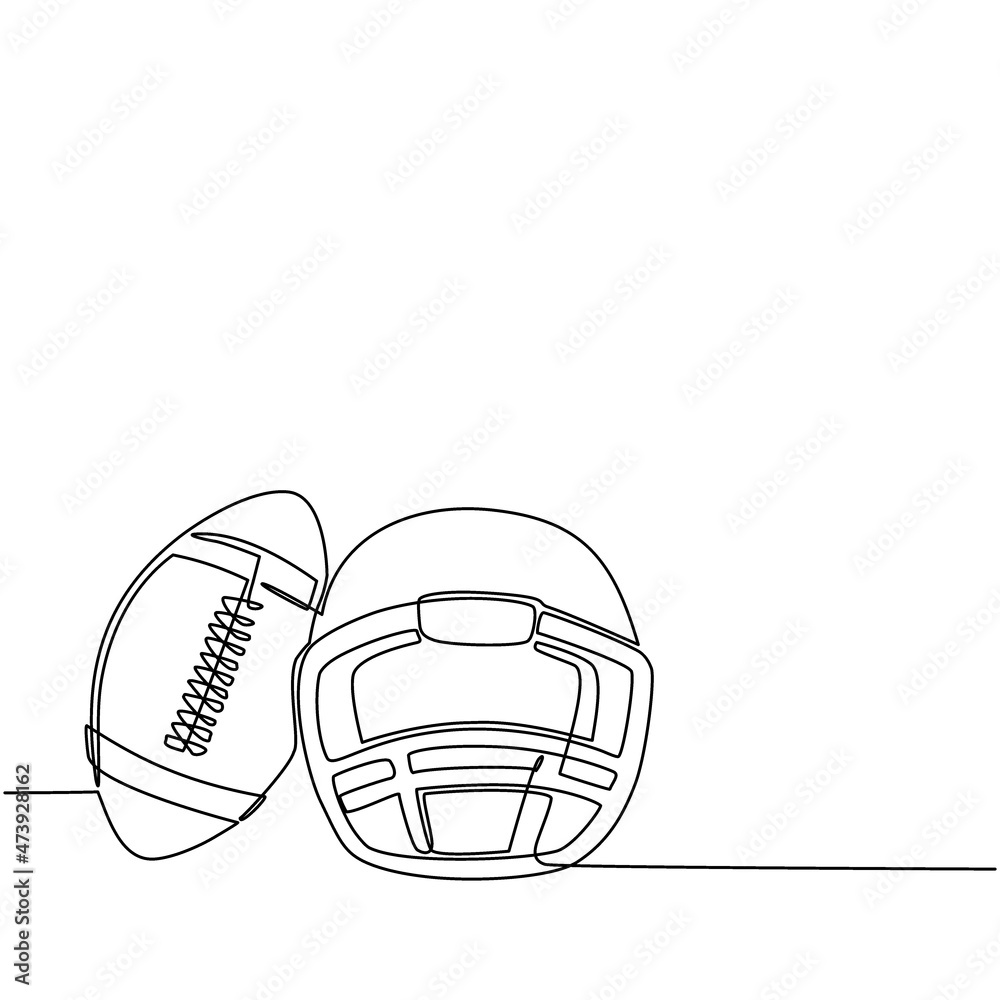 Single continuous line drawing American football helmet and ball ...