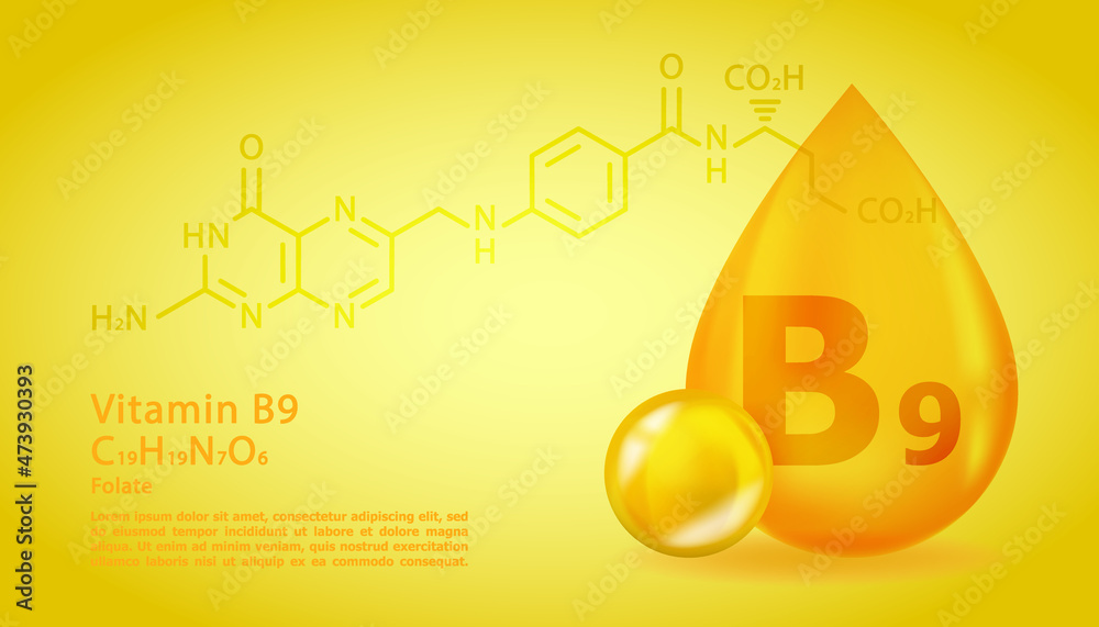 Realistic B9 Folate Vitamin drop with structural chemical formula. 3D ... Realistic B9 Folate Vitamin drop with structural chemical formula. 3D ...