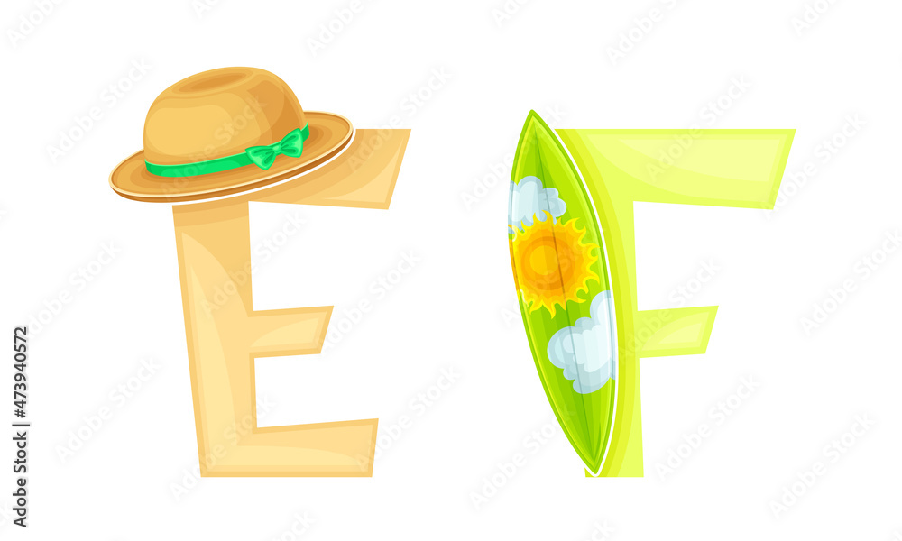 E,F letters of English alphabet with straw hat and surfboard vector ...
