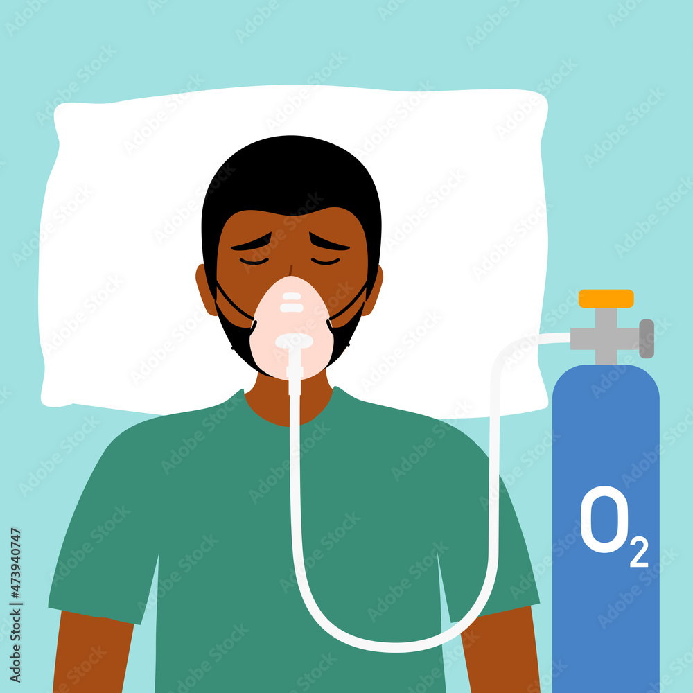 African man patient with oxygen therapy in flat design. Lung or ...