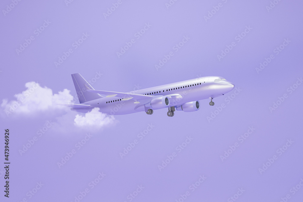 Pastel purple plane flying in the sky with clouds. Plane take off and ...