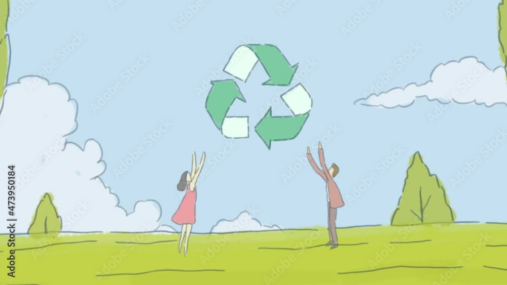 Animation of people and Recycle logo, on the cloudy blue sky background ...
