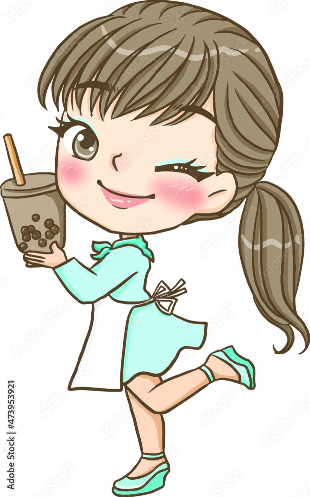 cartoon cute girl holding a glass of pearl milk tea Stock Vector ...