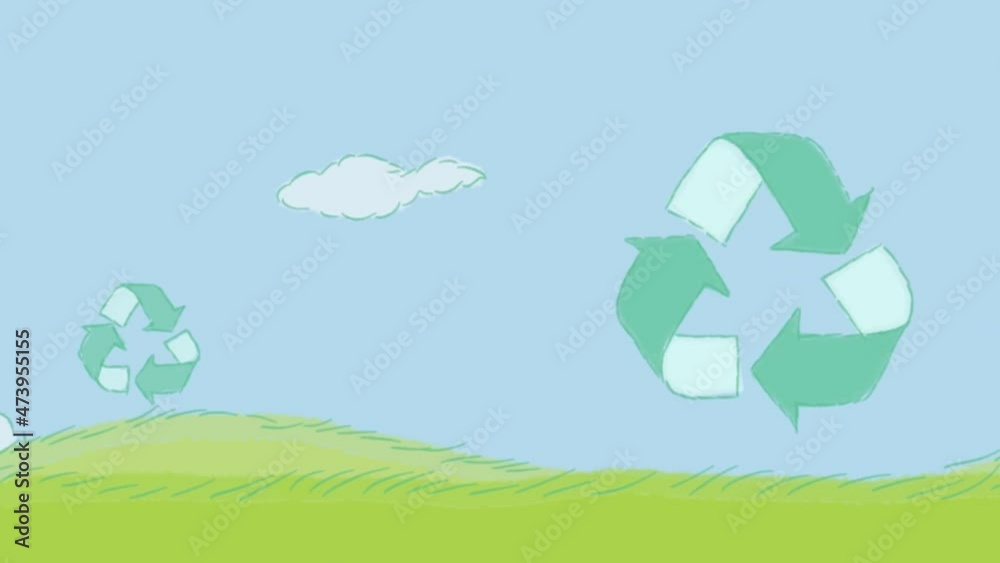 Animation of Recycle logo, on the cloudy blue sky background, Save the ...