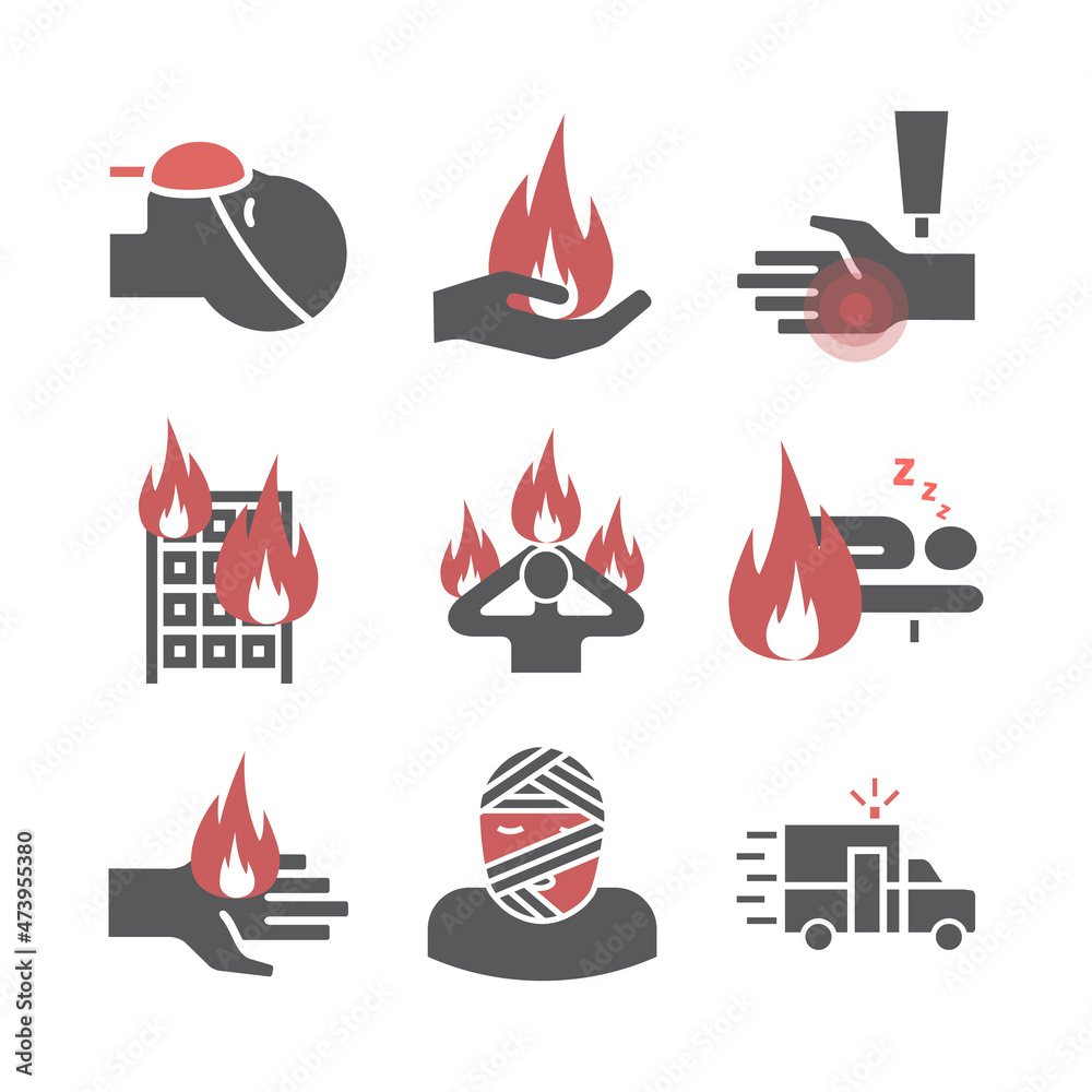 Skinl Burns icons. Treatment. Vector illustrations. Vector signs for ...