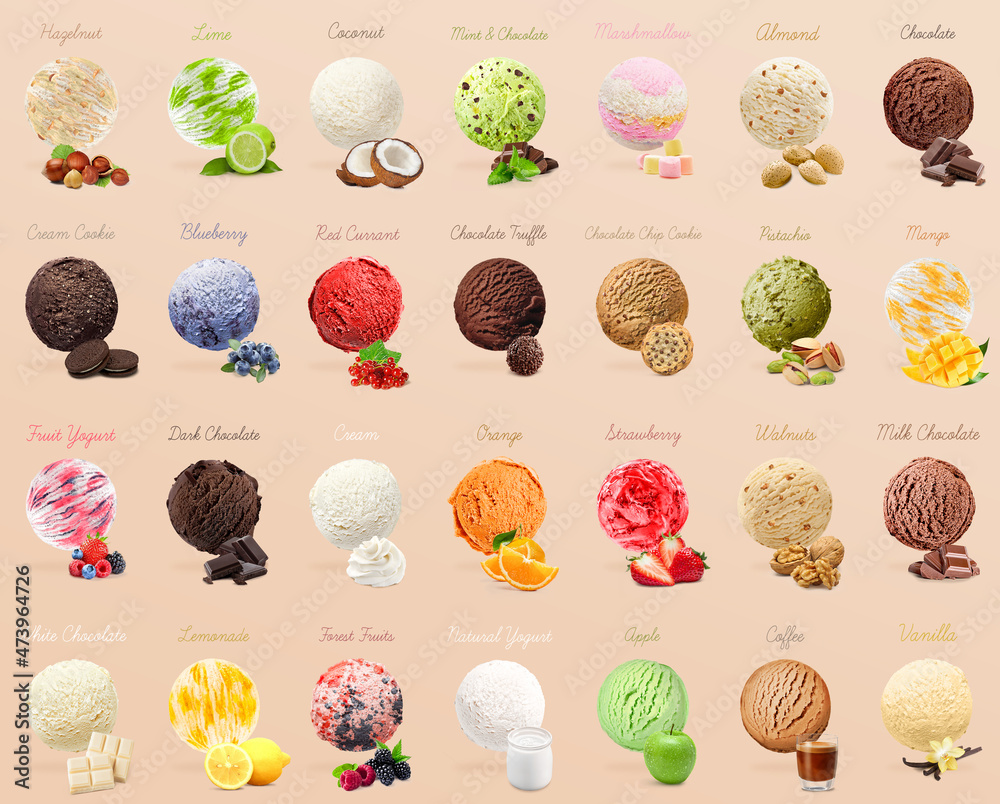 Set of ice creams with different flavors. Ice cream menu with scoops ...