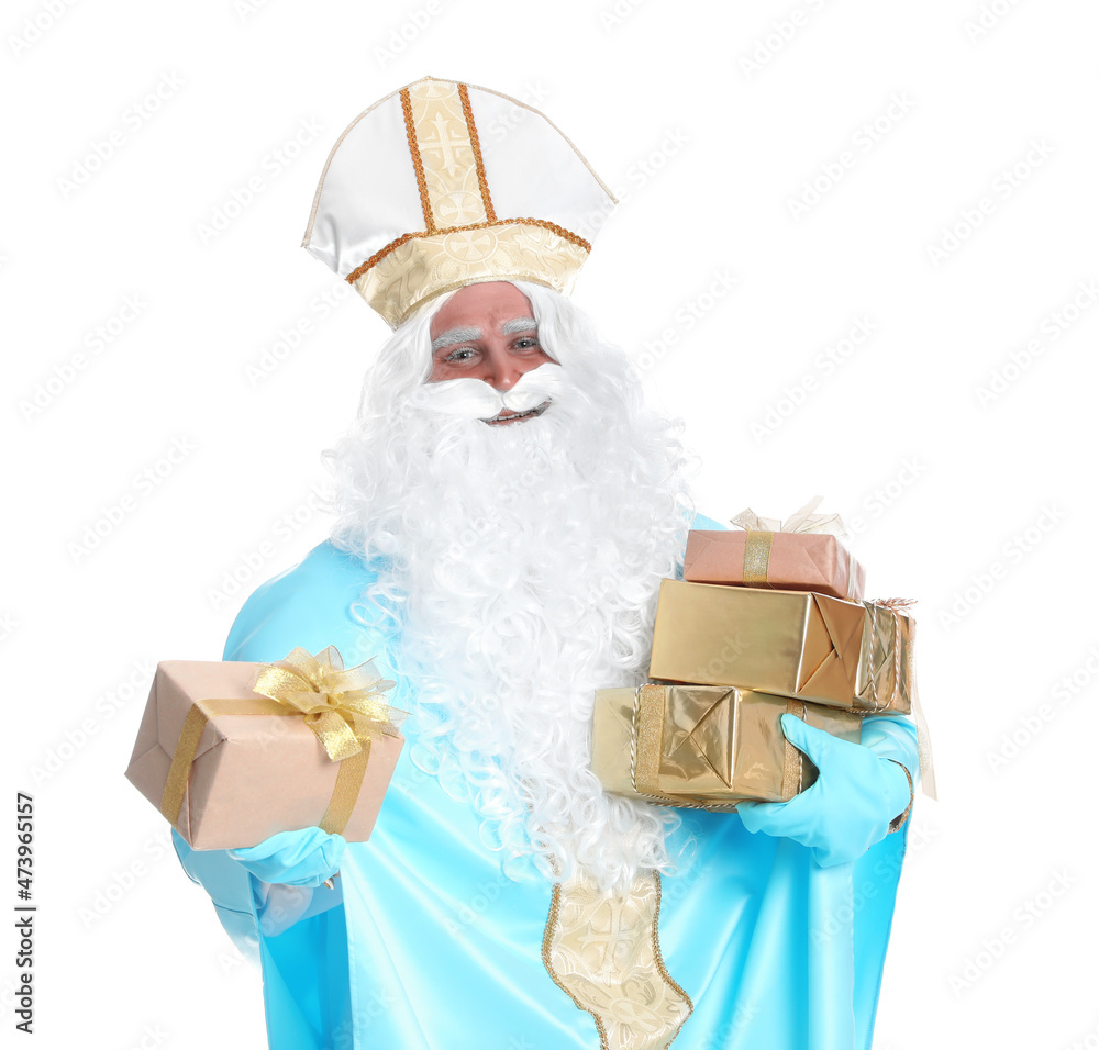 Portrait of Saint Nicholas with presents on white background Stock ...