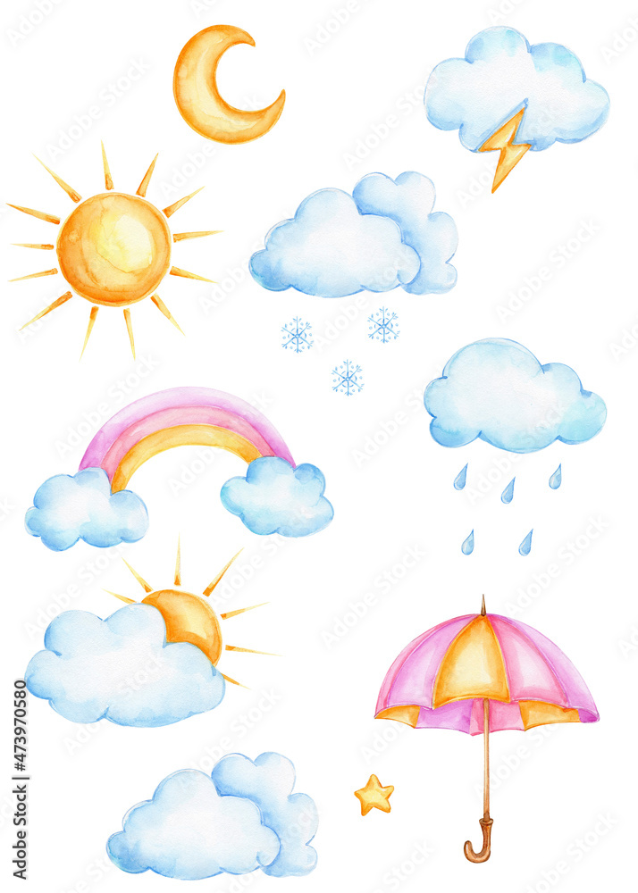 Weather set; watercolor hand drawn illustration; with white isolated ...