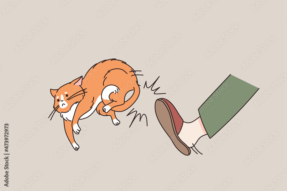 Person kick poor cat with leg, throw pet out of house. Cruel angry man ...