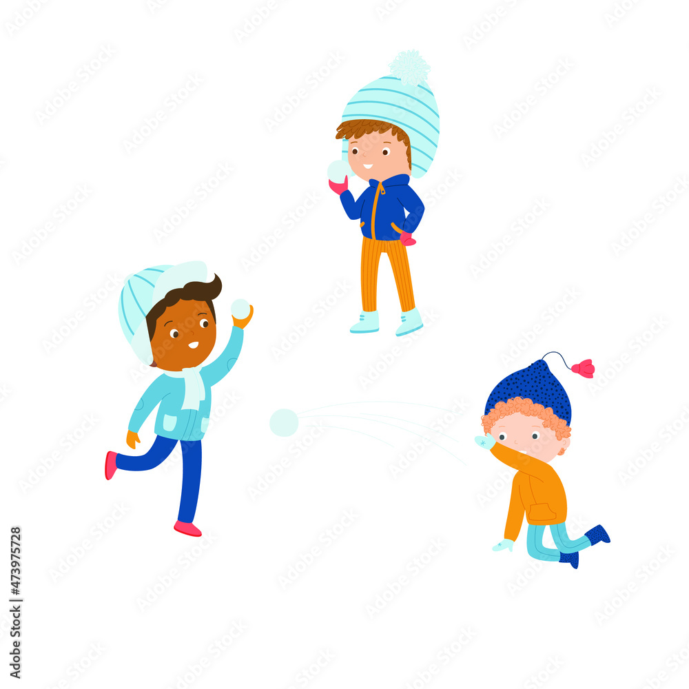Kids have fun outside in winter. Boys playing snowball fight. Vector ...