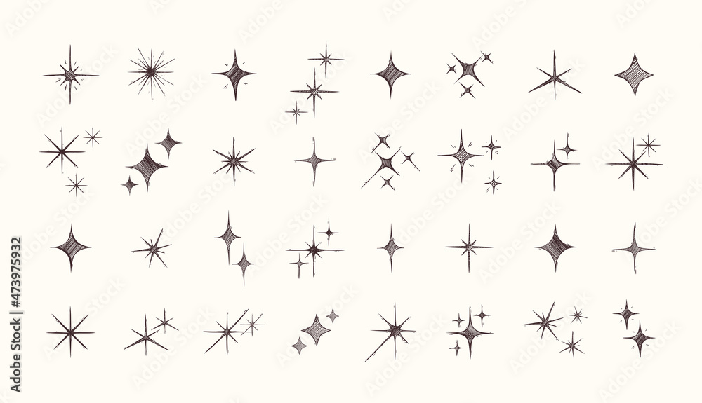 Hand drawn Sparkling star collection. Star icons. Twinkling stars. Vector Sparkles. Engraved ...