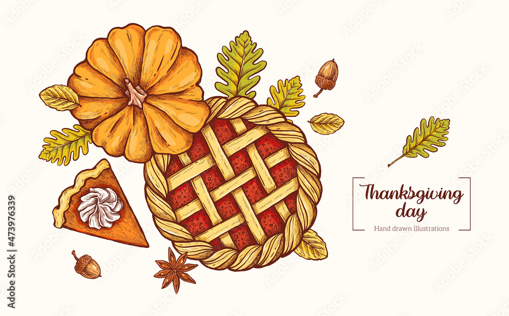 Thanksgiving Day in vintage style. Autumn harvest, pumpkin, pumpkin pie ...