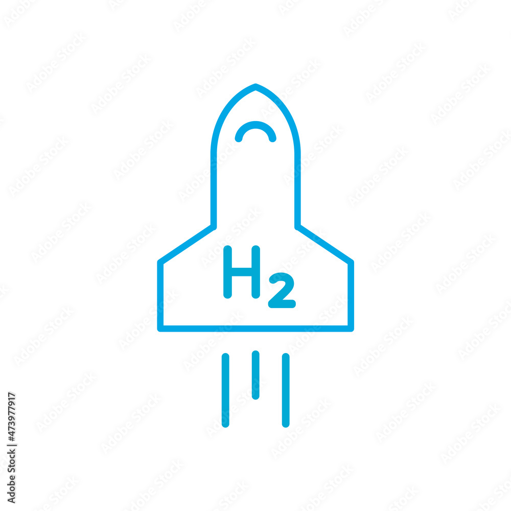 Blue hydrogen fuel rocket line icon. Fuel cell aircraft launch. Space ...