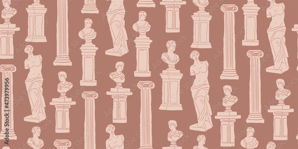 Vector seamless pattern in doodle cartoon style with ancient monuments ...