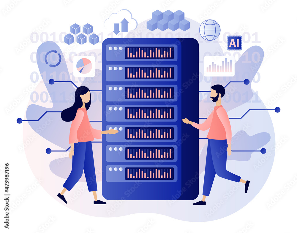 Big data concept. Data science and jobs. Data analysis. Tiny character ...