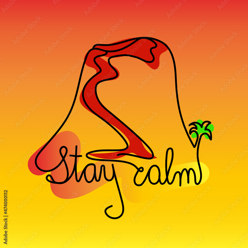 Volcano eruption with green palm, line art with text Stay calm Stock ...