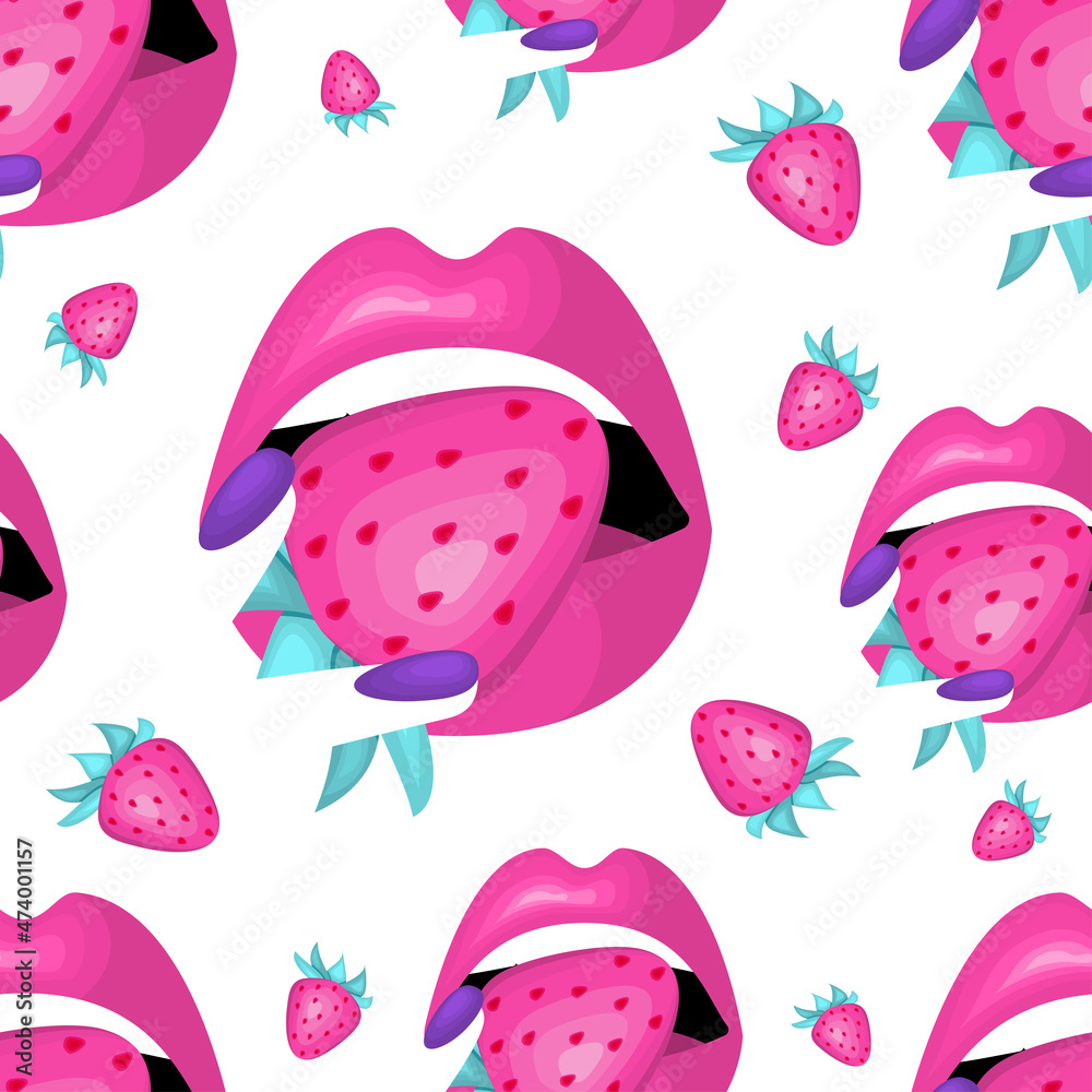 Pattern of womens enjoying fresh strawberry. Open mouth, pink lips ...