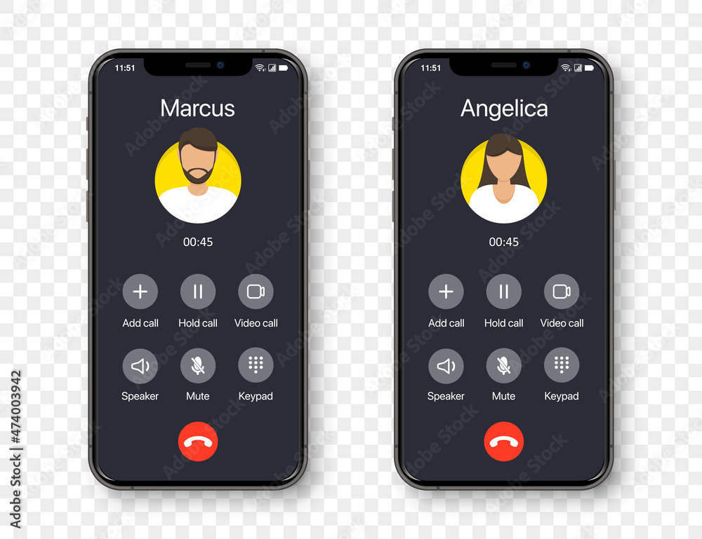 Smartphone call app interface template with man and woman user icon ...