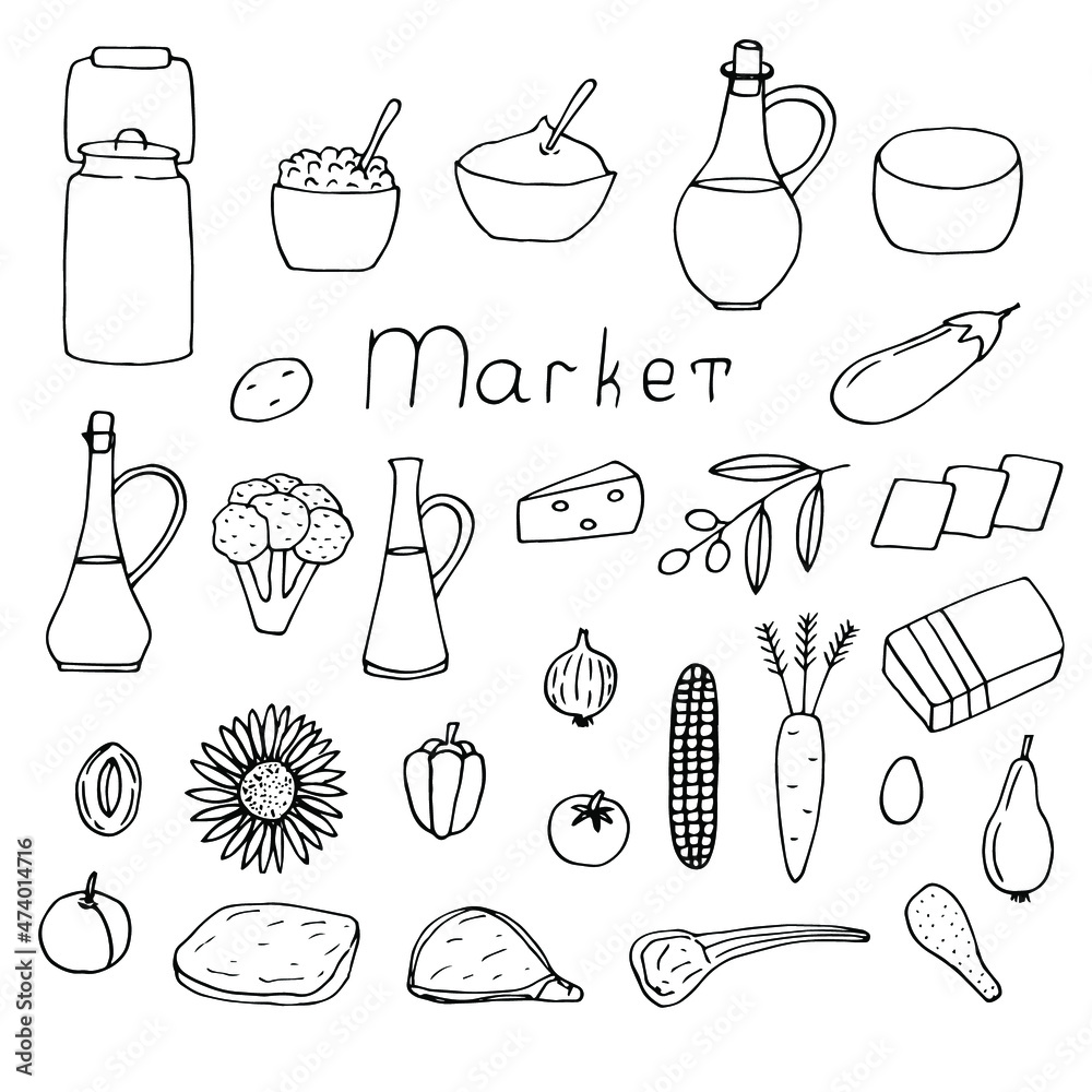 Set of farm food vector illustration, hand drawing doodles, dairy ...