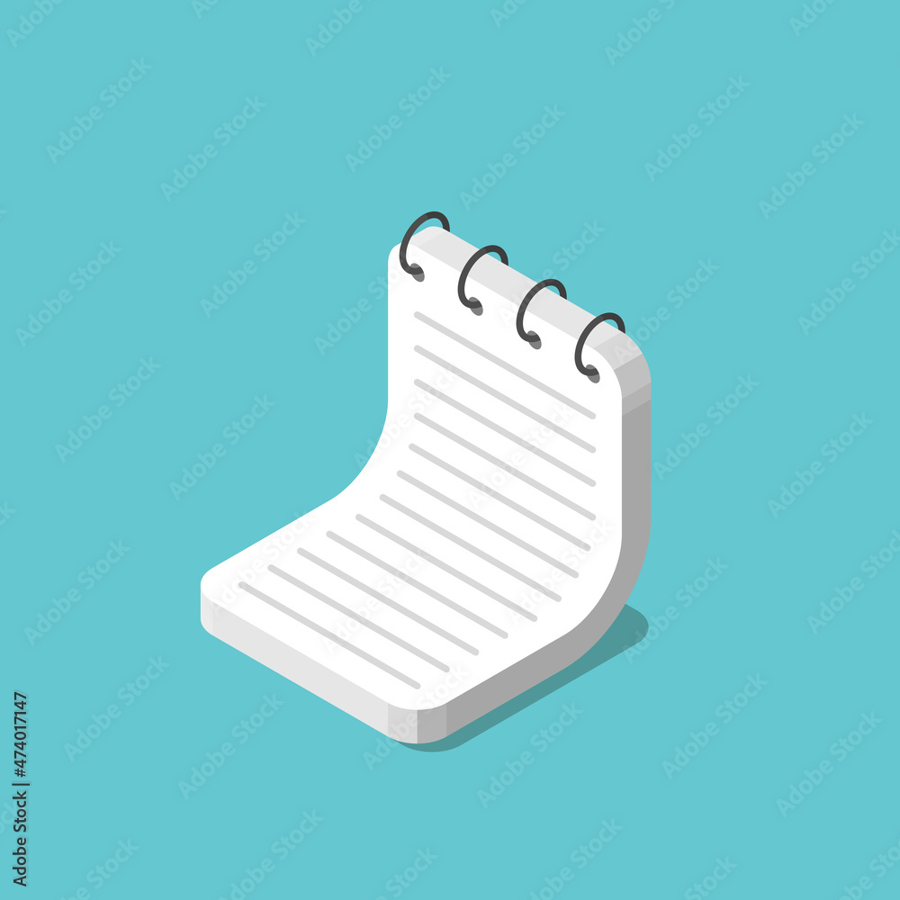 Isometric notepad bending on turquoise blue. Creativity, writing, notes ...
