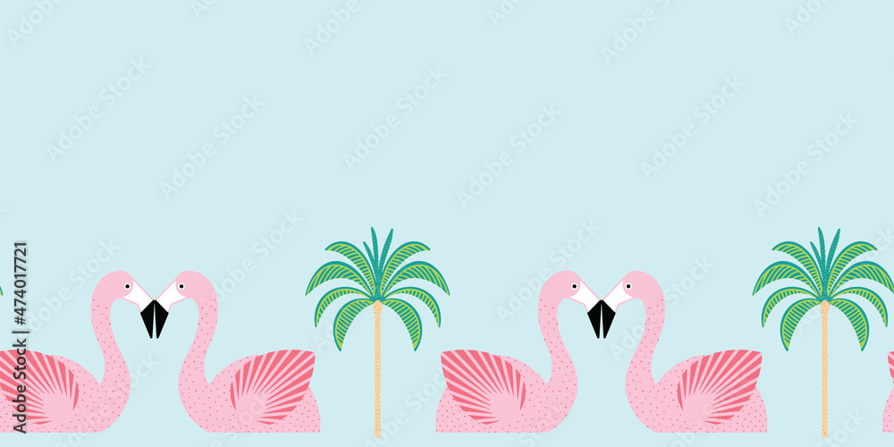 Flamingo float border repeat with geometric mid century palm tree ...