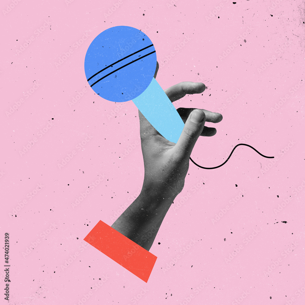 Hands aesthetic with drawn microphone on light background, artwork ...