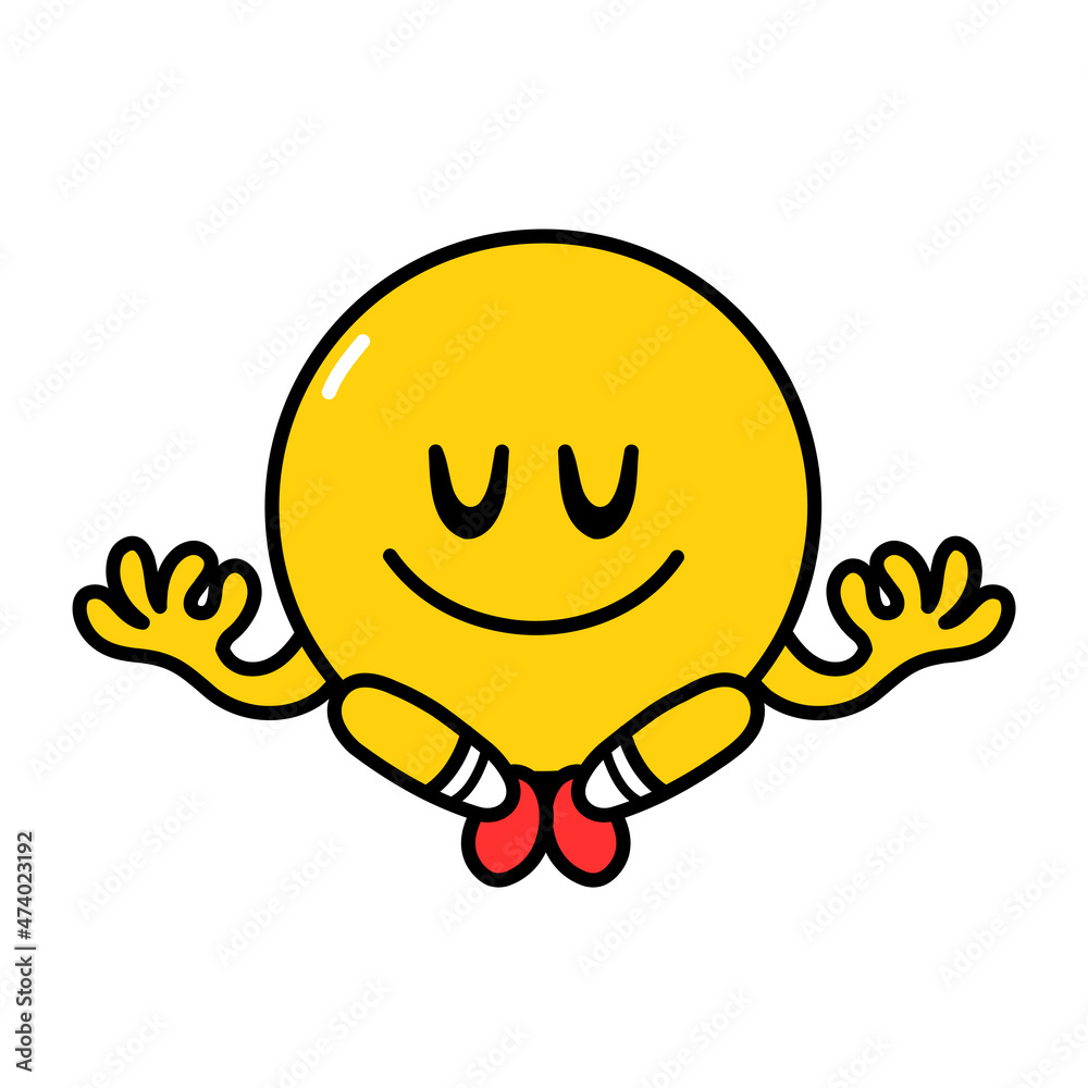 Cute funny emoji smile face meditate in yoga pose. Vector flat line ...