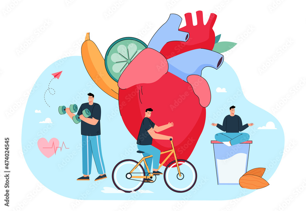 Man with healthy lifestyle on huge human heart background. Person ...