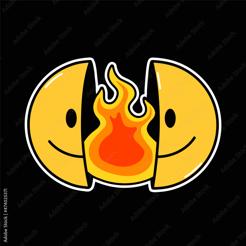 Two half of smile face with burn flame fire inside. Vector hand drawn ...