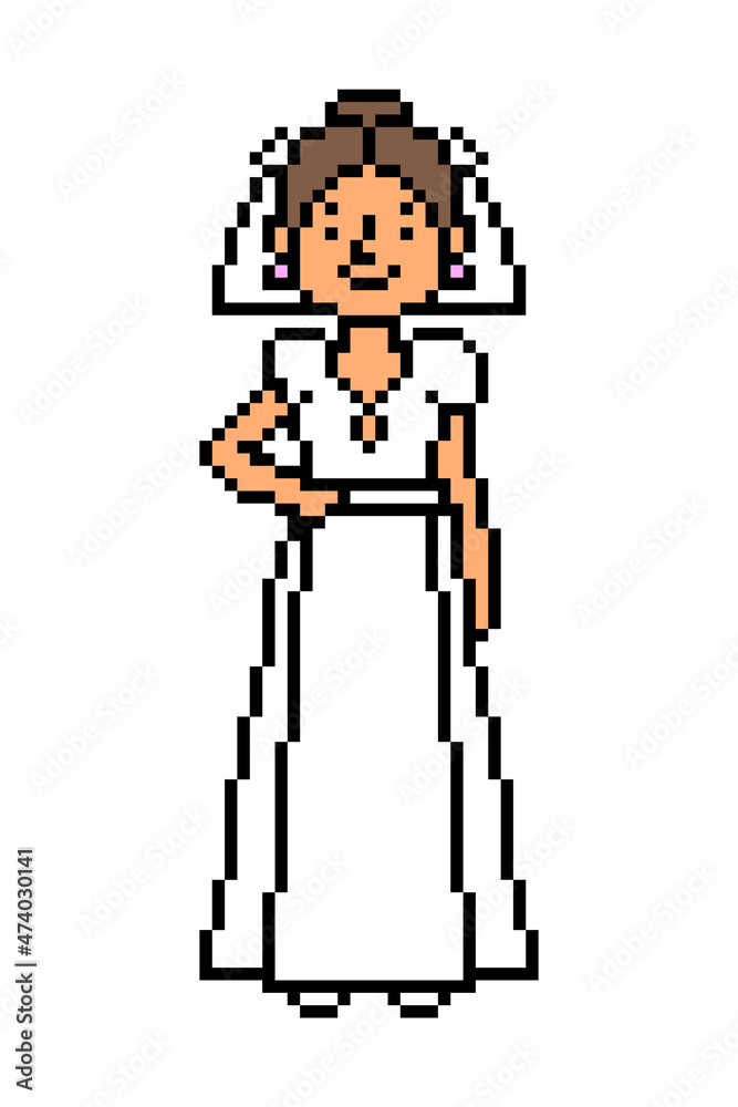 Pixel art happy smiling bride on a wedding day, girl character isolated ...