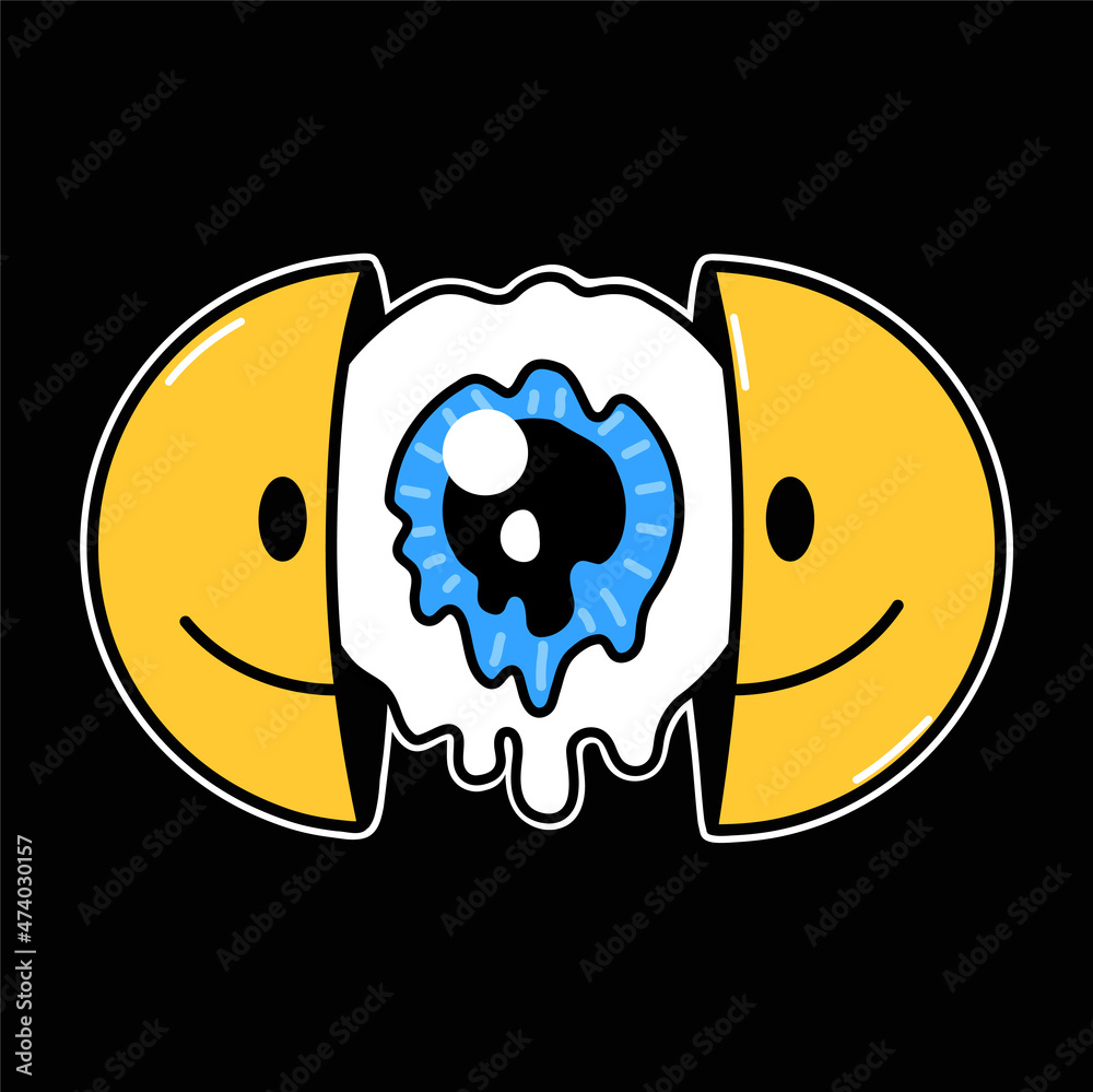 Two half of smile face with melt eye inside. Vector hand drawn doodle ...