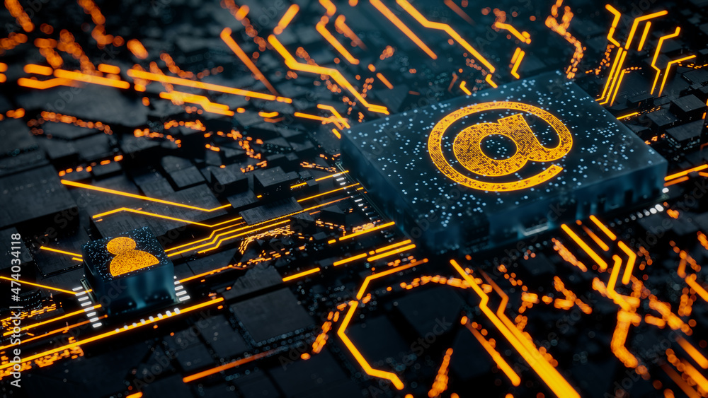 Email Technology Concept with @ symbol on a Microchip. Orange Neon Data ...
