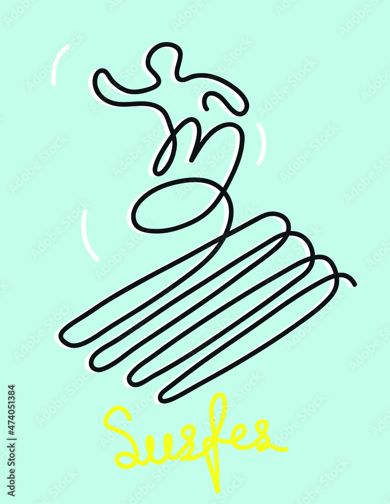 One line drawing of surfer. One continuous line drawing of surfer on ...