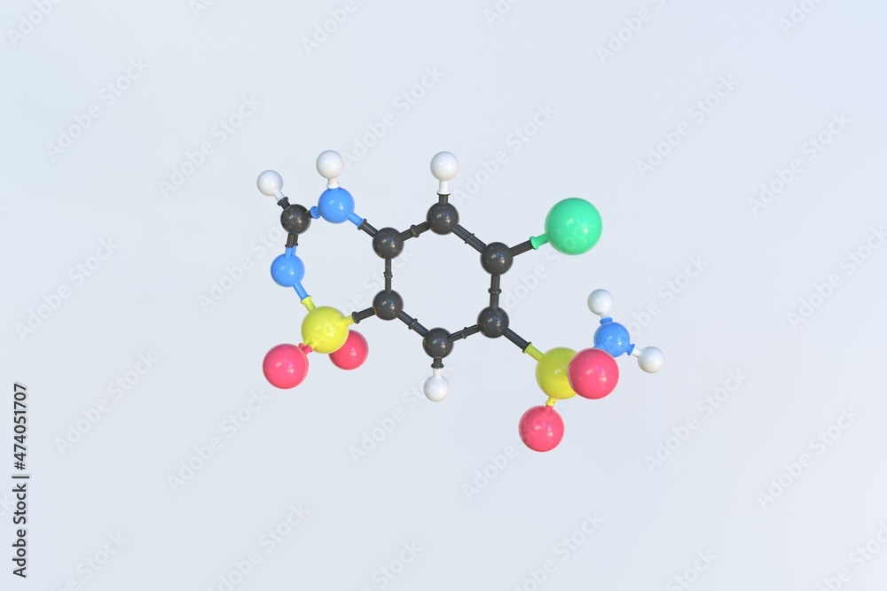 Molecule of chlorothiazide, isolated molecular model. 3D rendering ...