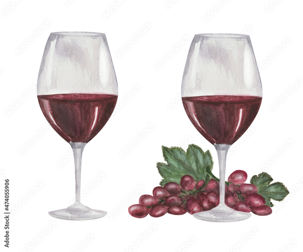 Watercolor illustration of hand painted glass on long stalk with maroon ...