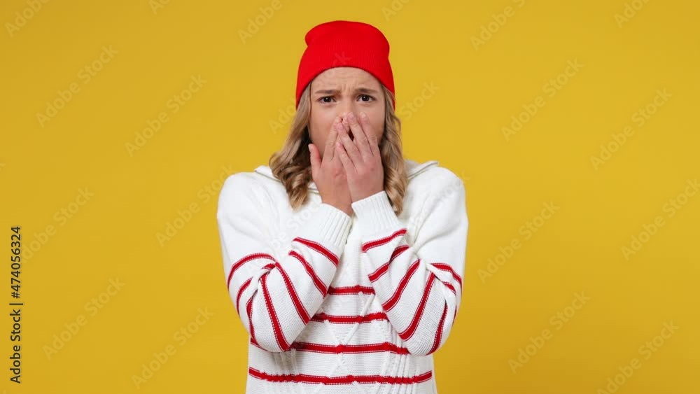 Scared shocked astonished young girl teen student wears striped white ...