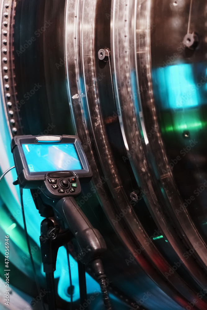 Borescope camera display on a tripod located at the turbine, Inspection ...