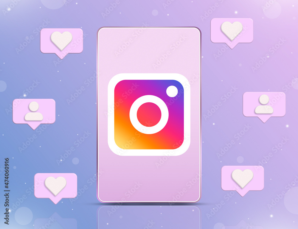 Instagram logo on phone screen with notification icons of new likes and ...