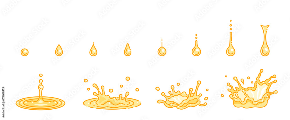 Vector set of yellow drops and splashes. Golden liquid elements. Simple ...