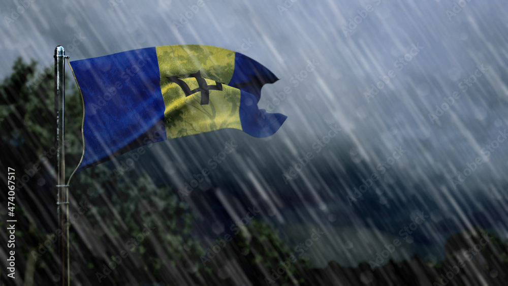flag of Barbados with rain and dark clouds, tornado forecast symbol ...