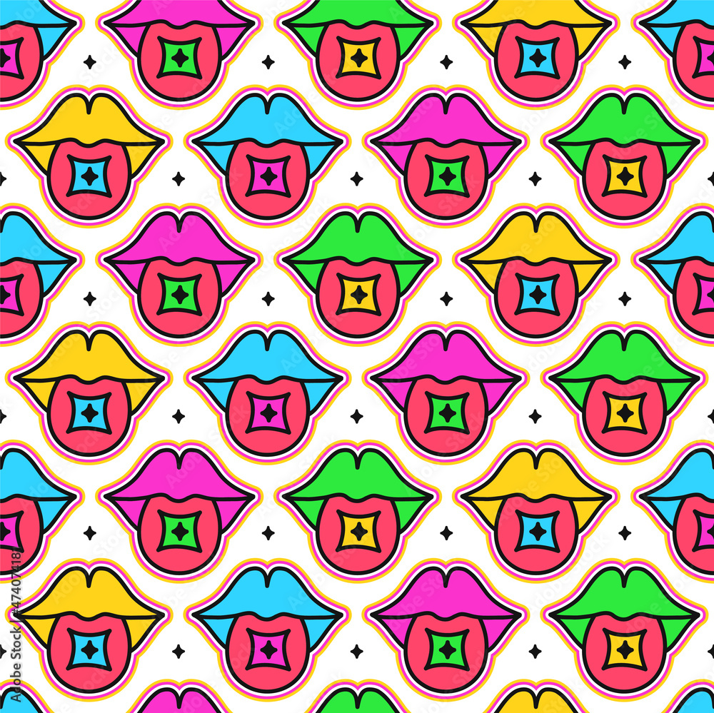Lips with acid lsd blotter on tongue seamless pattern wallpaper.Vector ...